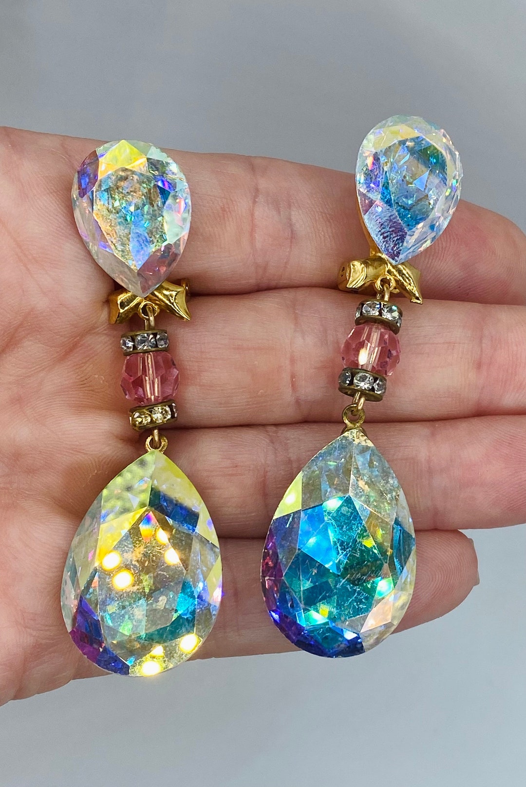 Vintage Mega Sparkly Drop Dangle Glass Iridescent AB - Etsy