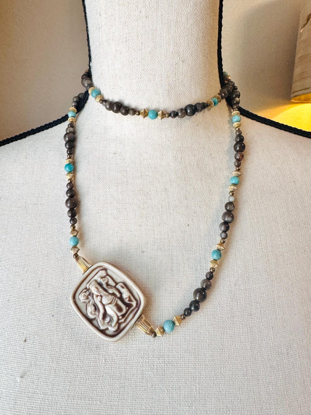 Vintage Sandra David Asian Themed Ceramic Necklace Real Stones Chunky ...