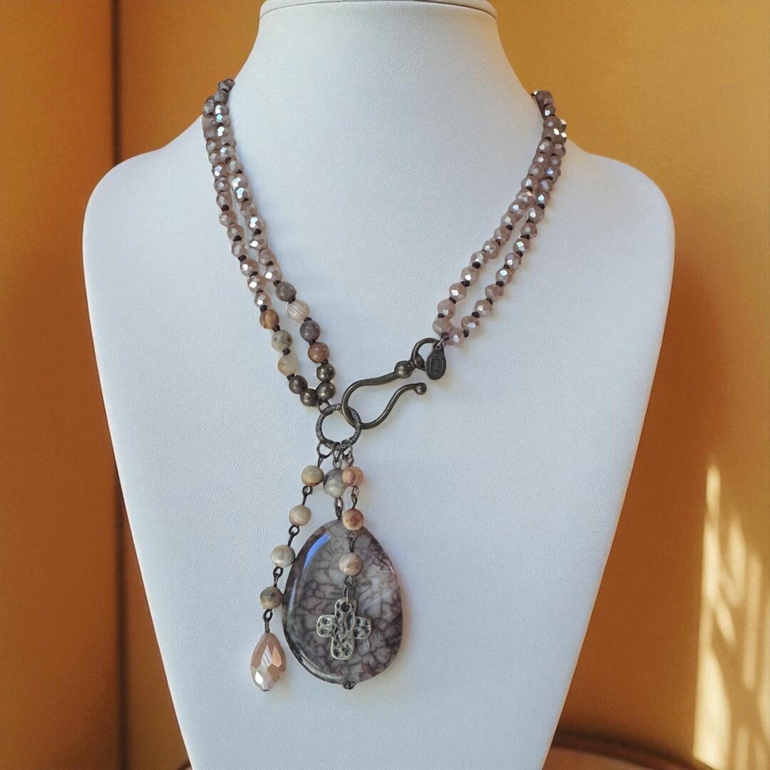 Dylan Glass Stone and AB Faceted Stone Boho Necklace With Cross - Etsy