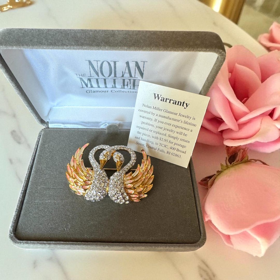 Vintage Nolan Miller Swan Brooch: Pink Enamel, Crystal Heart, Gold Tone ...
