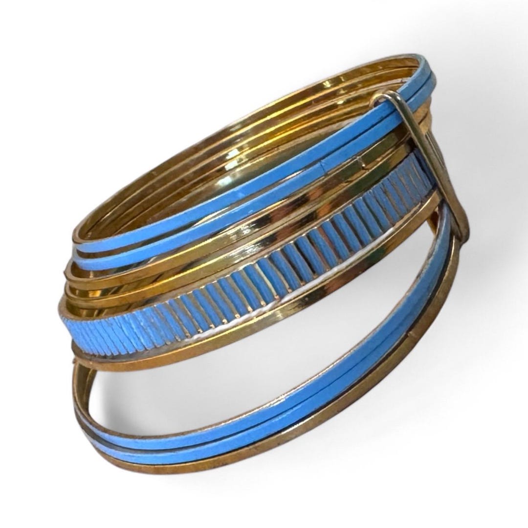 1960s Vintage Multi Bangles Bracelet Stack Gold Tone Metal and Sky Blue ...