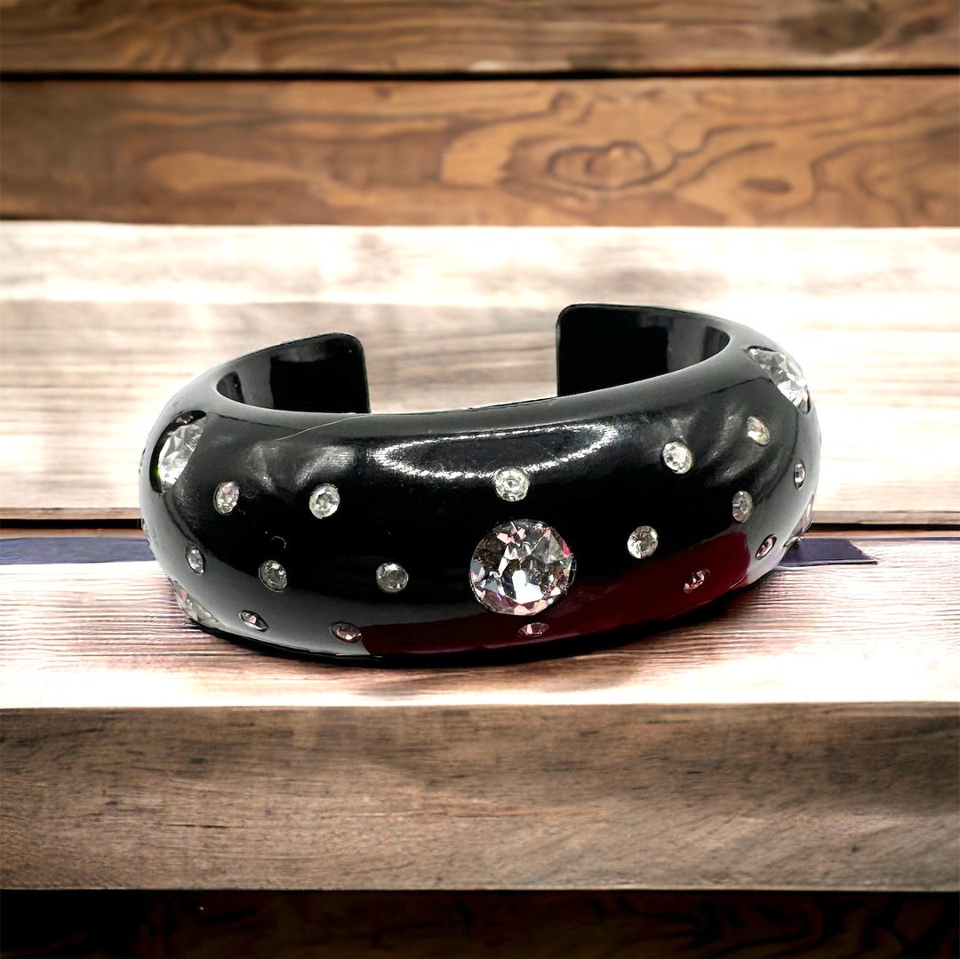 Vintage 1950s-60s Rhinestone Crystal Cuff Bracelet Black Lucite (A) - Etsy