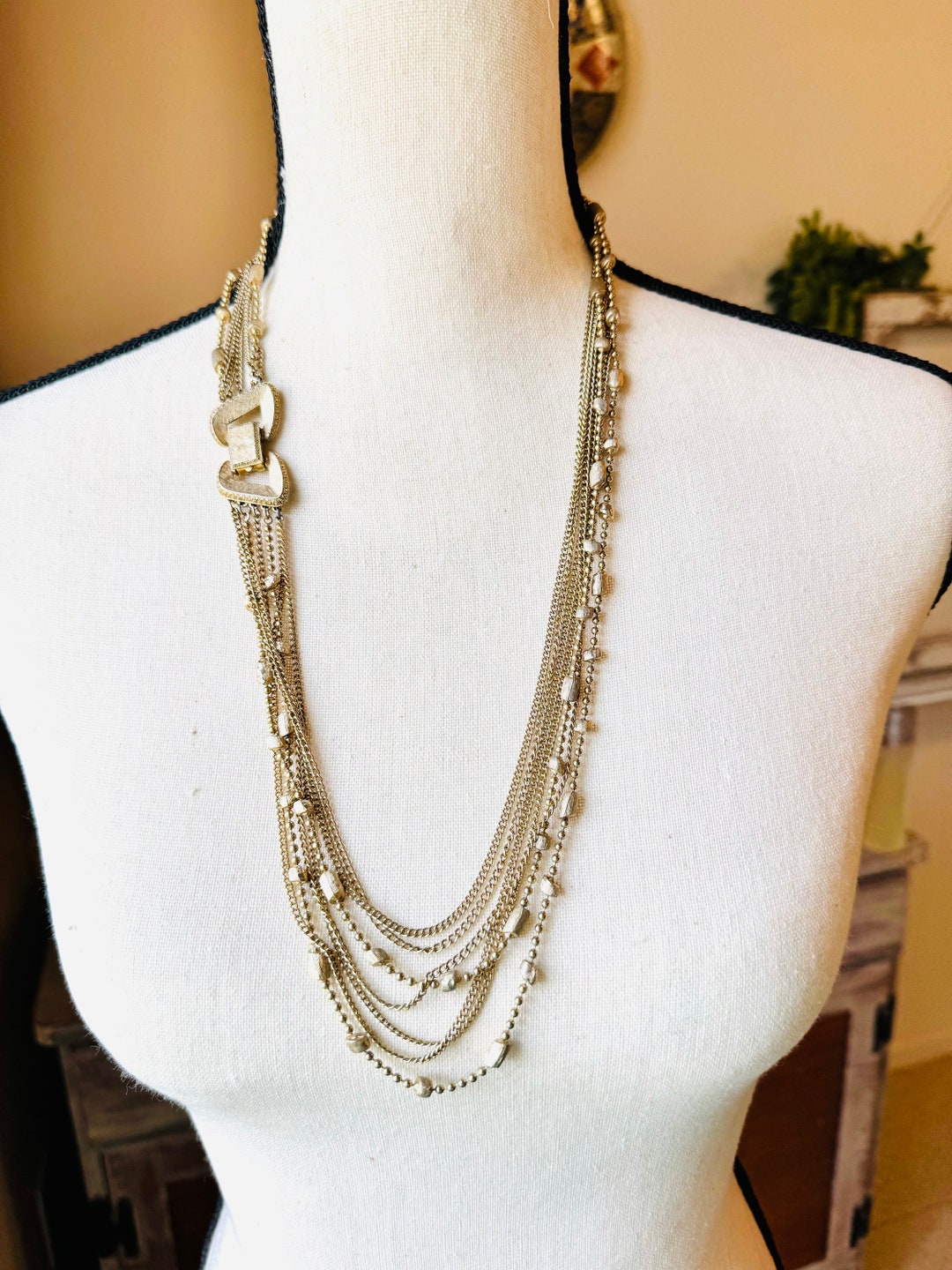 Vintage Ornate Clasp 6 Strand Multi Strand Light Gold Tone Graduated ...