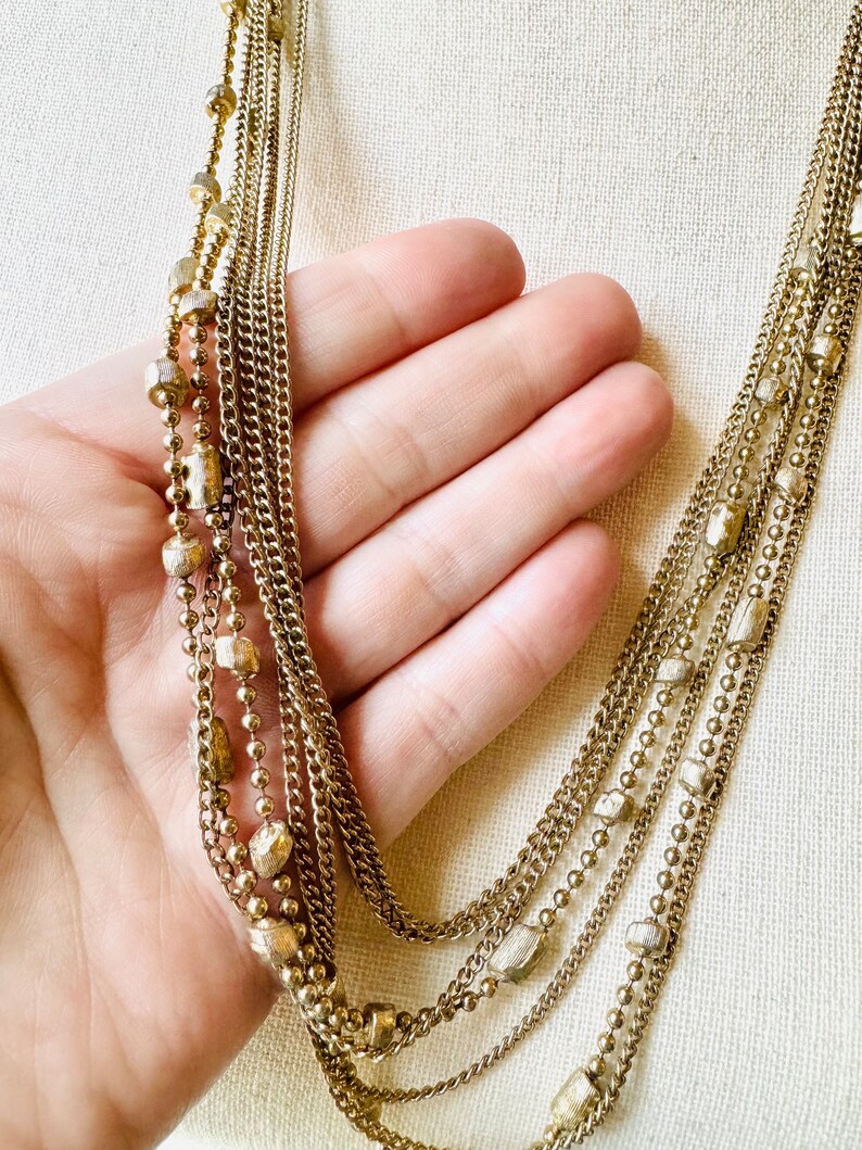 Vintage Ornate Clasp 6 Strand Multi Strand Light Gold Tone Graduated ...