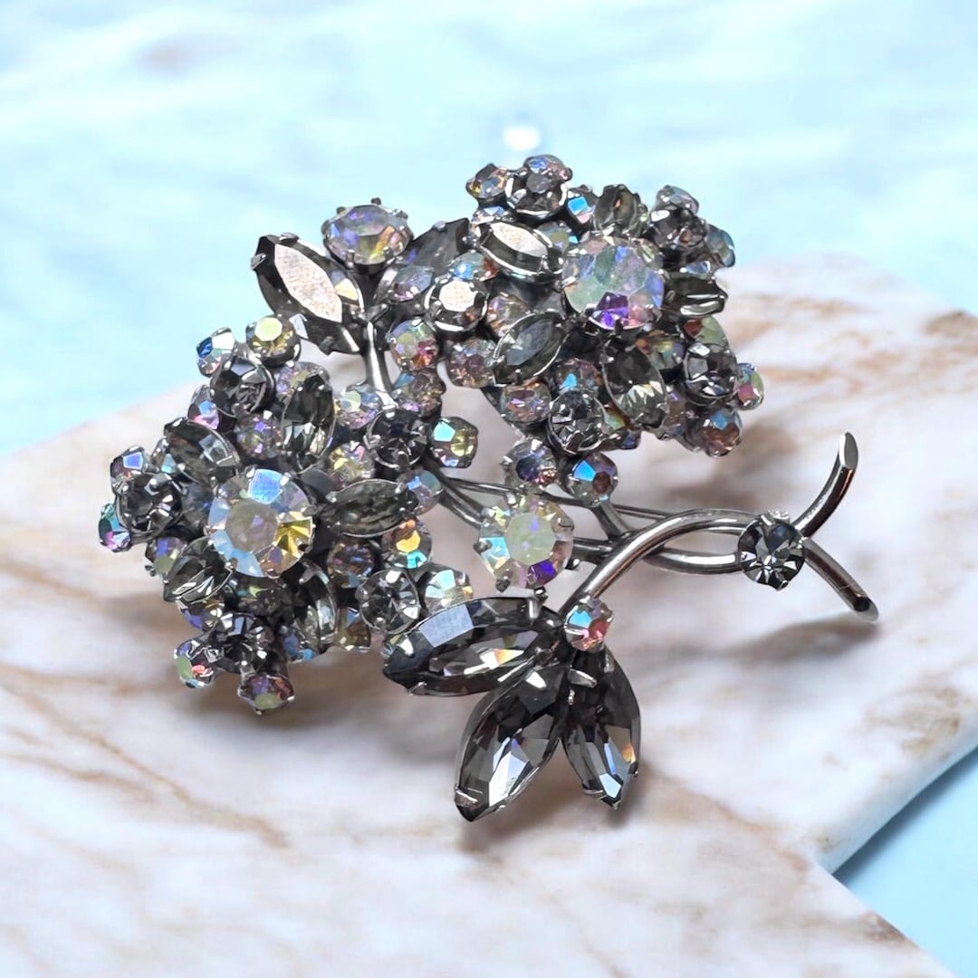 Vintage Vendome Wire Smoke Glass & Rhinestone Brooch Pin - Statement ...