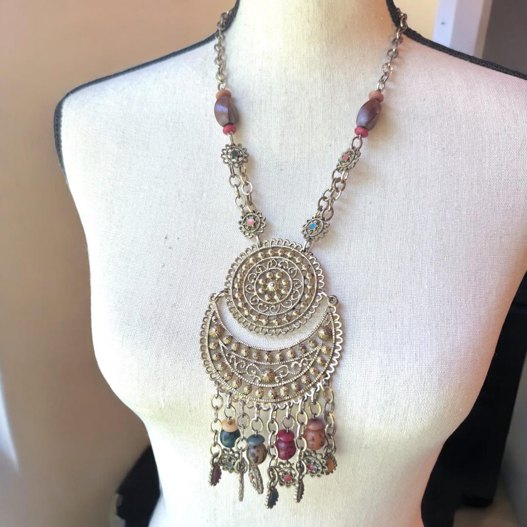 Vintage 70s Oversized Bohemian Necklace Mixed Materials Cut Out Gold ...