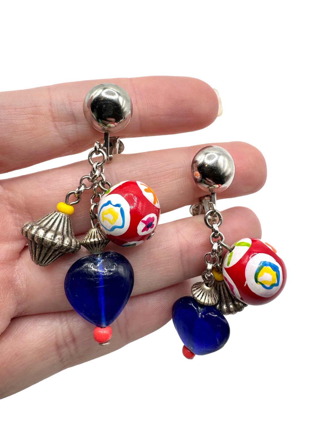 Vintage Ellen Designs Hand Painted Glass Heart Dangle Clip on Earrings ...