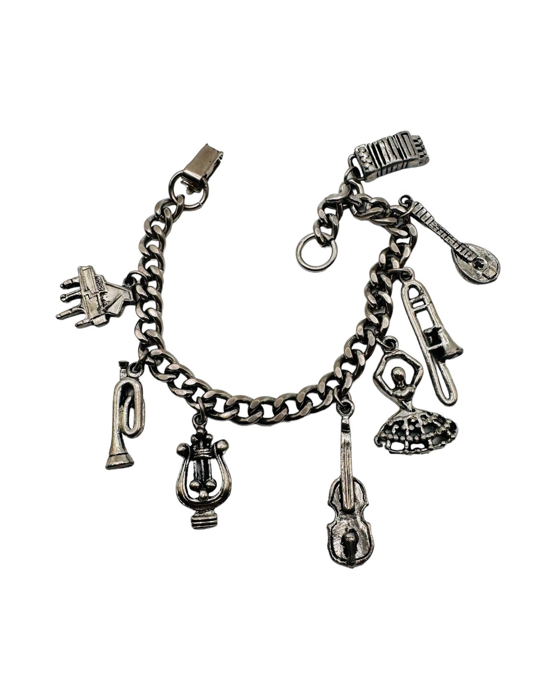 Vintage Musical Instrument Dance Silver Tone Charm Bracelet 7 3/4” (N ...