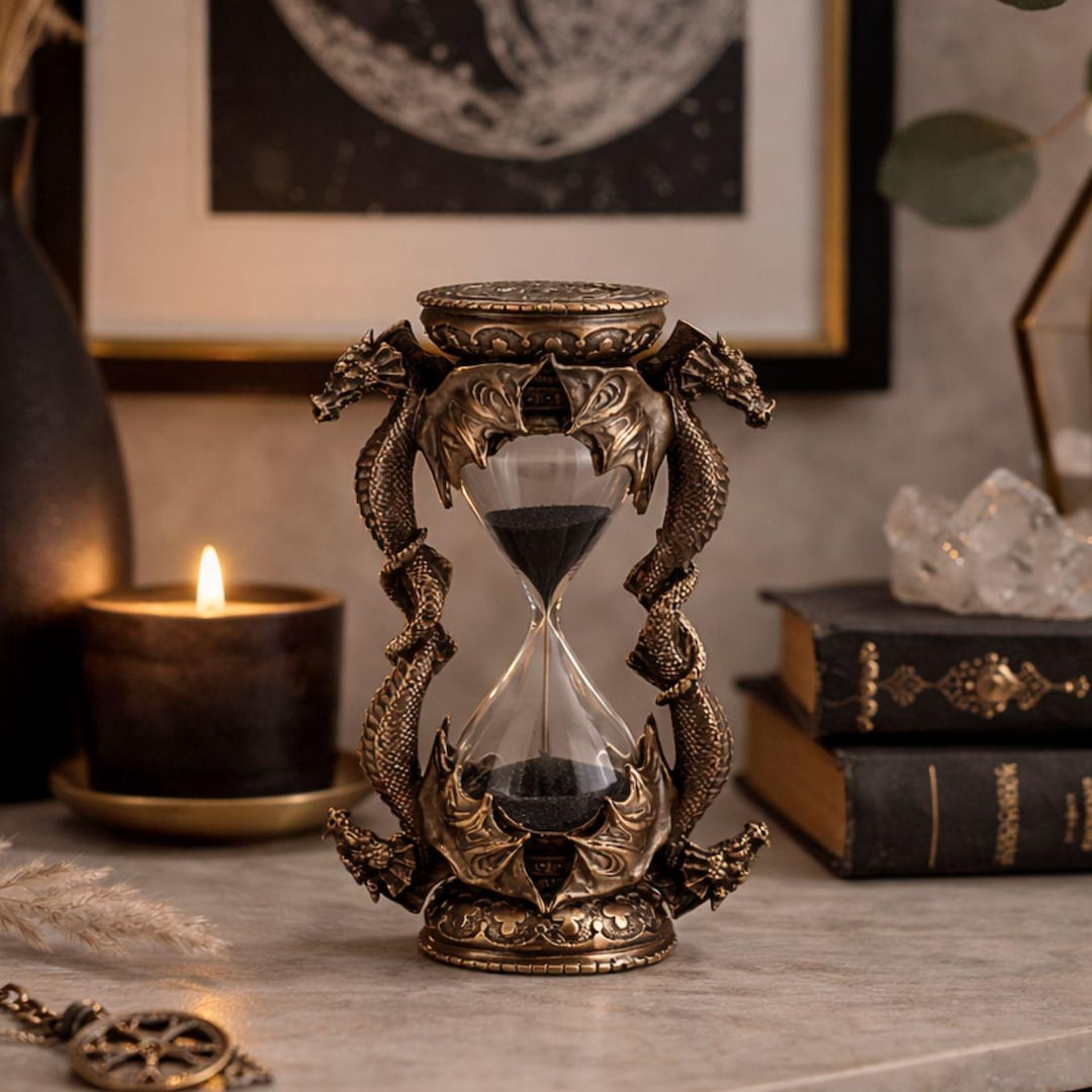 Personalized Dragon Hourglass Black Sand, Gothic Fantasy Timer, Bronze ...