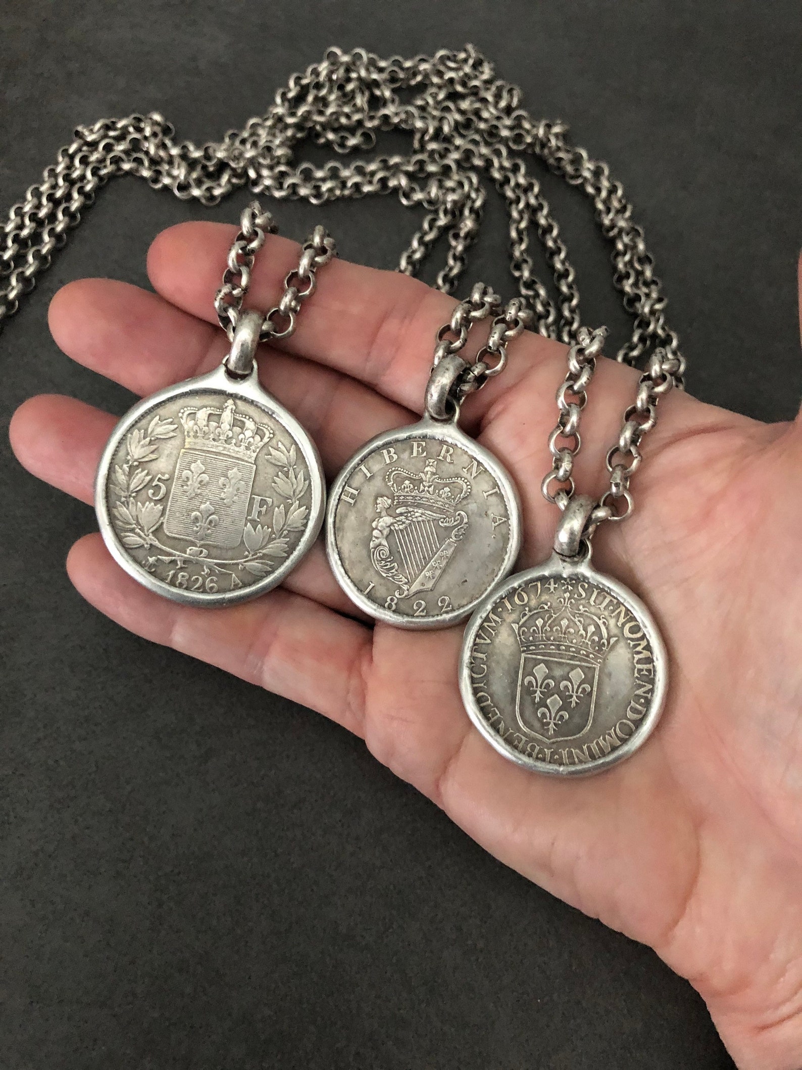 Old Coin Necklace, Silver European Coin Pendant Jewelry, Rolo Chain ...