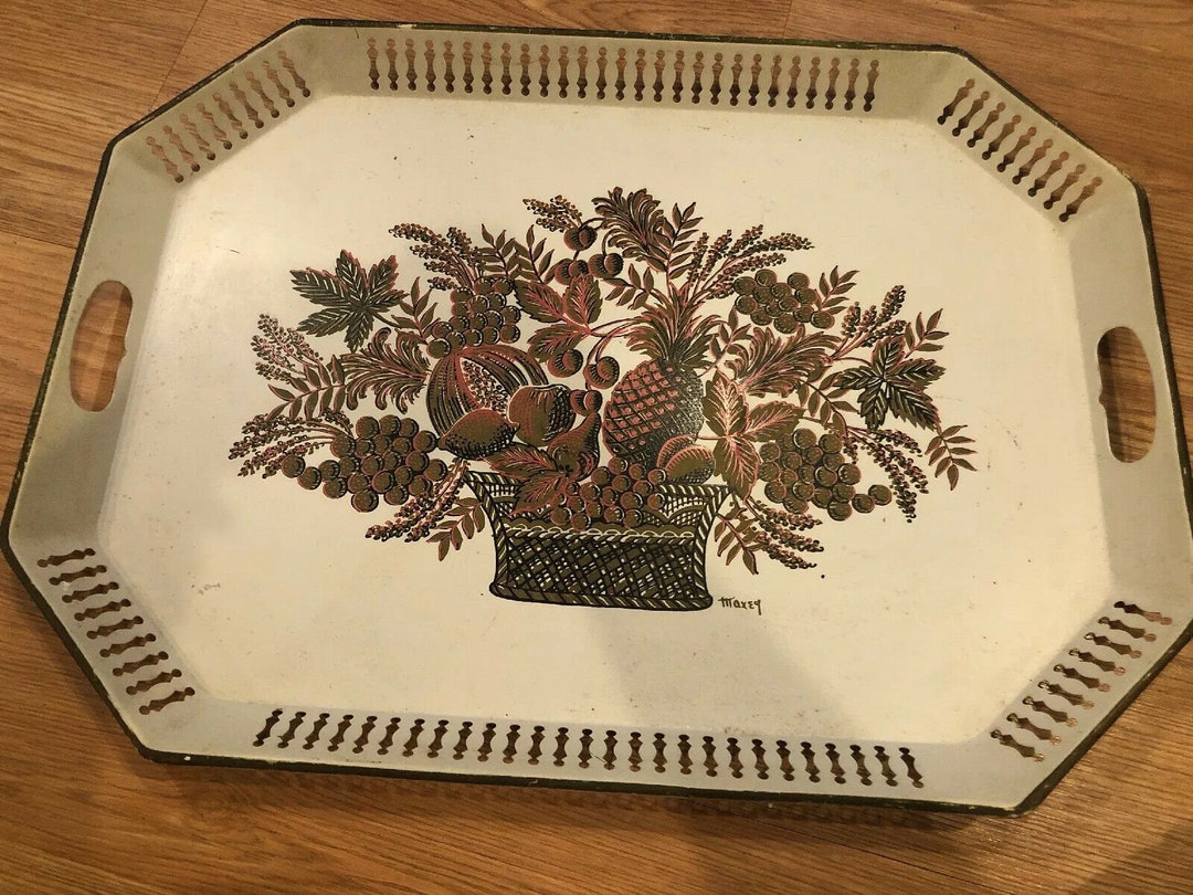 Mid Century Retro Fruit Bask Metal Serving Large Tray Maxey Folkart Art ...