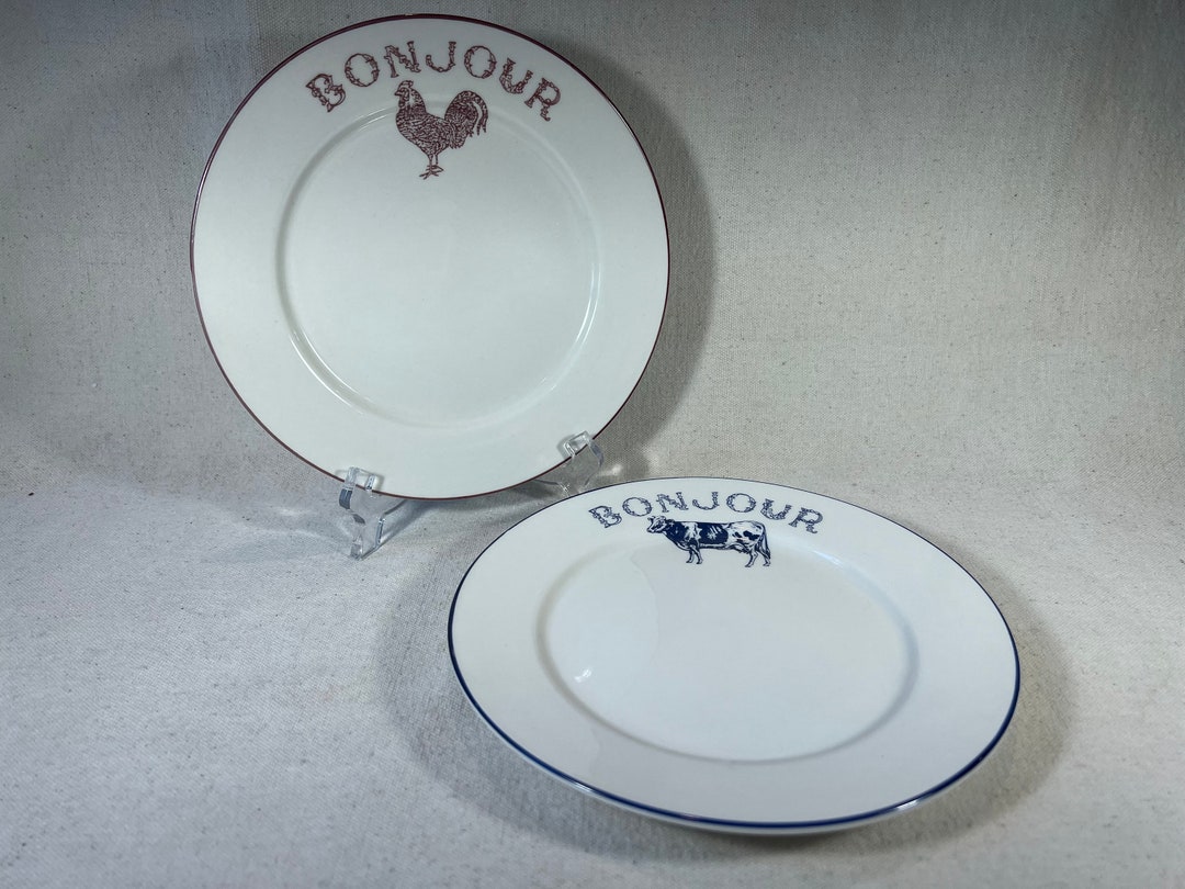Pair of bonjour Plates Rooster and Cow French Farmhouse Kitchen Decor ...