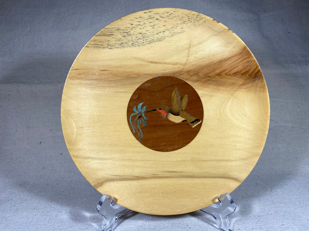 Vintage Hummingbird Wood Inlay Display Plate Aspen Wood Crystal Valley ...