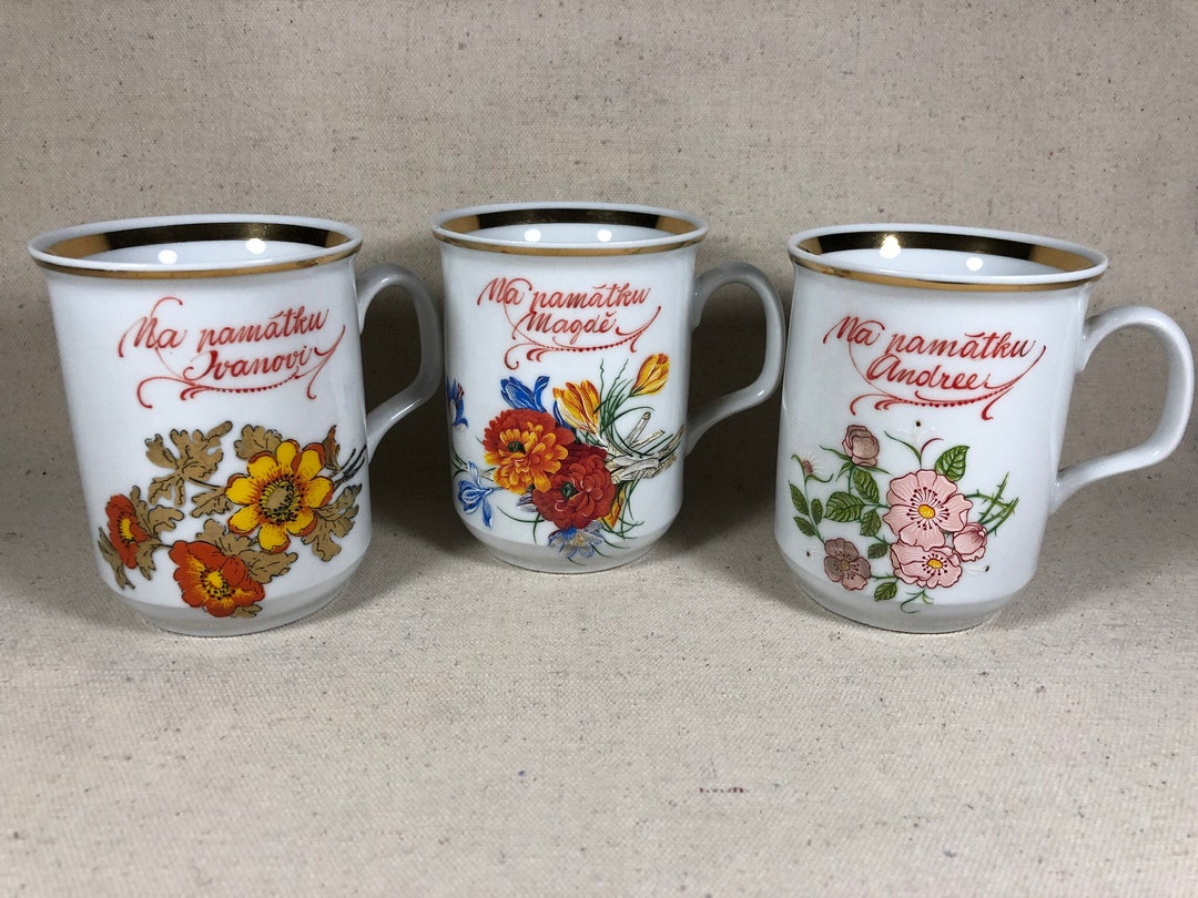 Three Vintage Czech Hand-painted Porcelain Memorial Mugs Floral Flower ...