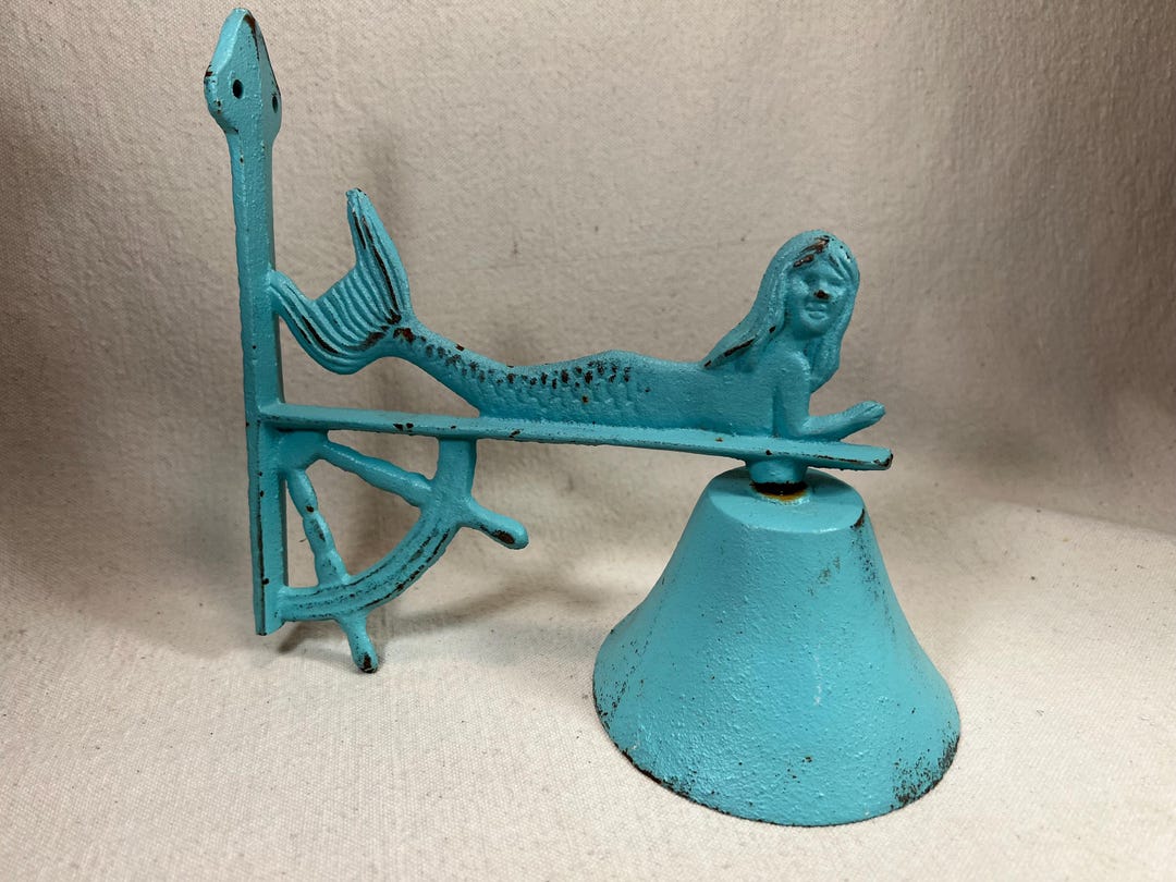 Vintage Painted Cast Iron Wall Mounted Mermaid Bell With Ship’s Wheel ...