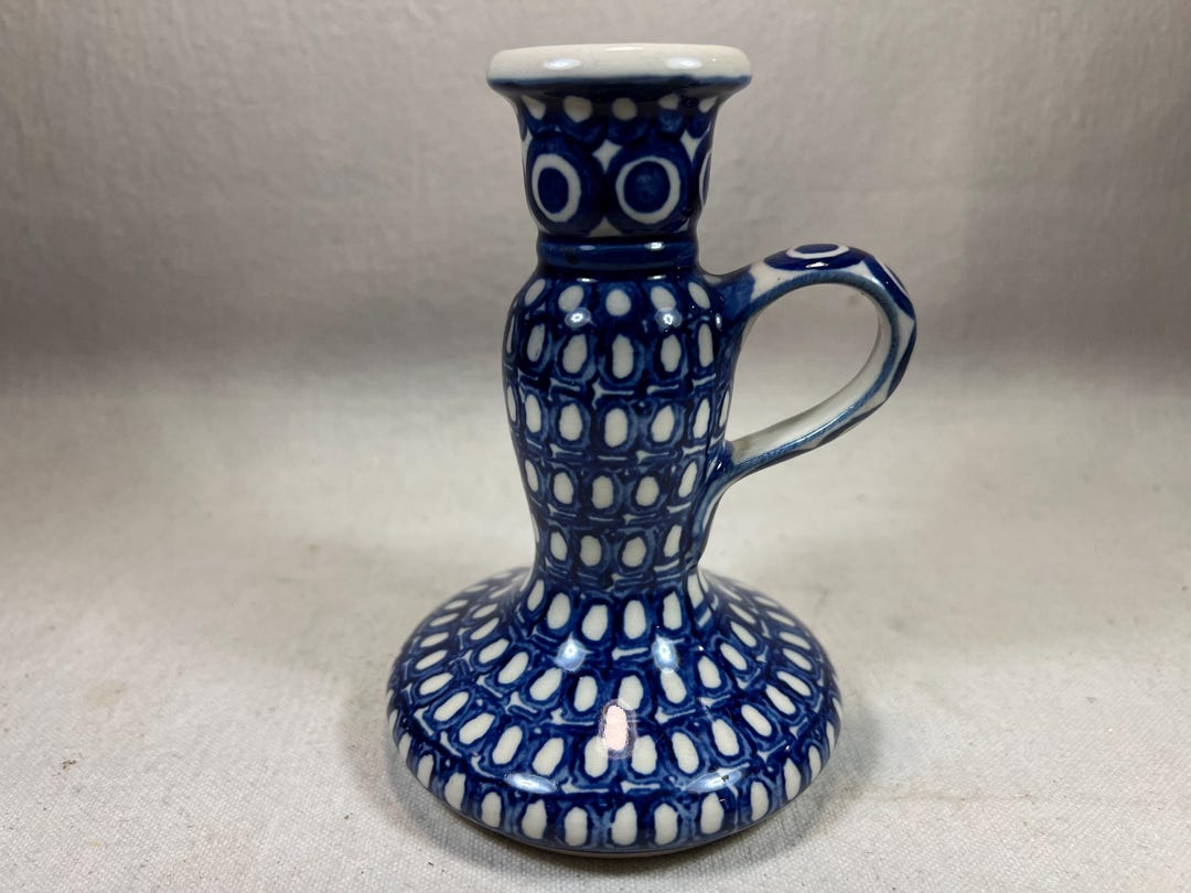 Vintage Boleslawiec Polish Pottery Candlestick With Handle | Cobalt ...