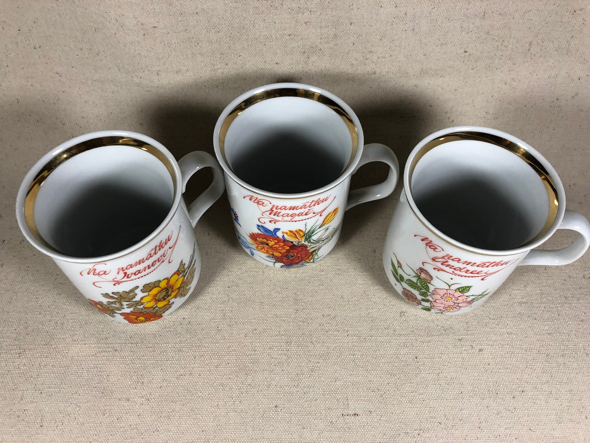 Three Vintage Czech Hand-painted Porcelain Memorial Mugs Floral Flower ...