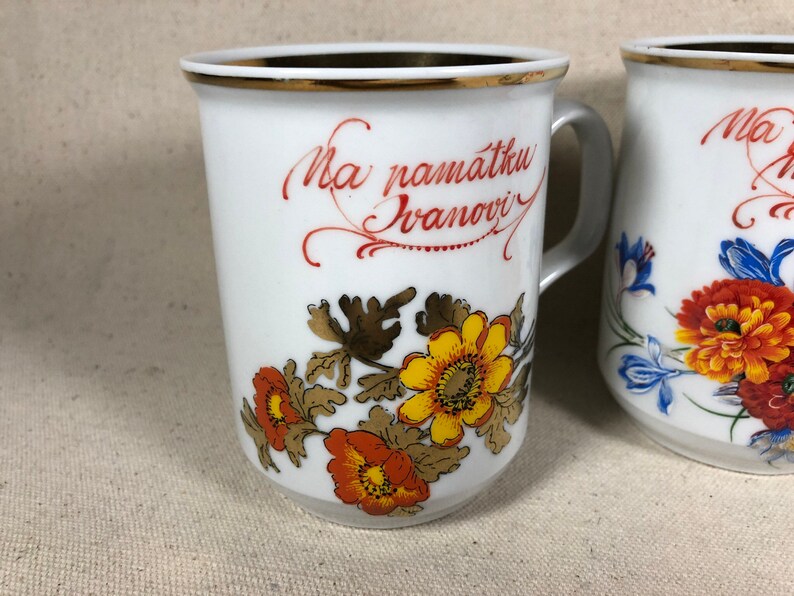 Three Vintage Czech Hand-painted Porcelain Memorial Mugs Floral Flower ...