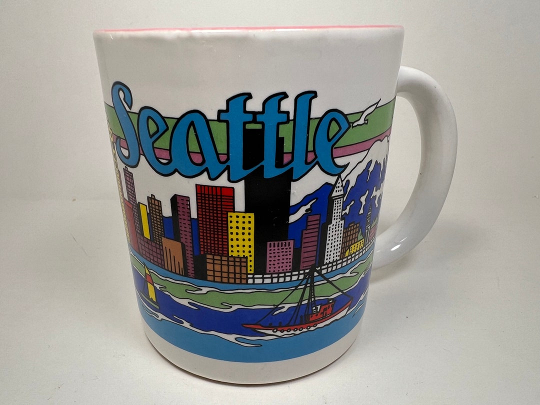 Vintage 1990s Seattle Skyline Ceramic Coffee Mug Puget Sound Pink ...