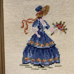 Vintage Needlepoint Cross Stitch Wood Frame Victorian Woman With Flower ...
