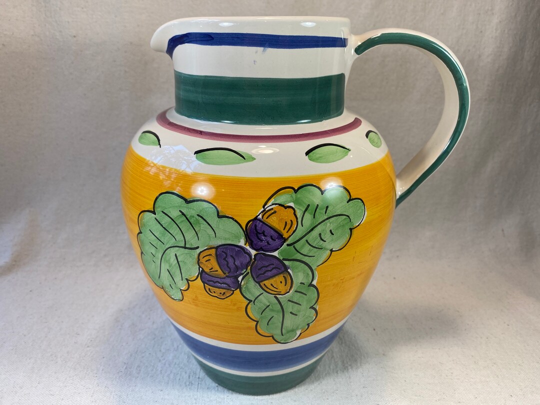 Vintage Italian Hand-painted Earthenware Water Pitcher Jug Oak Leaves ...