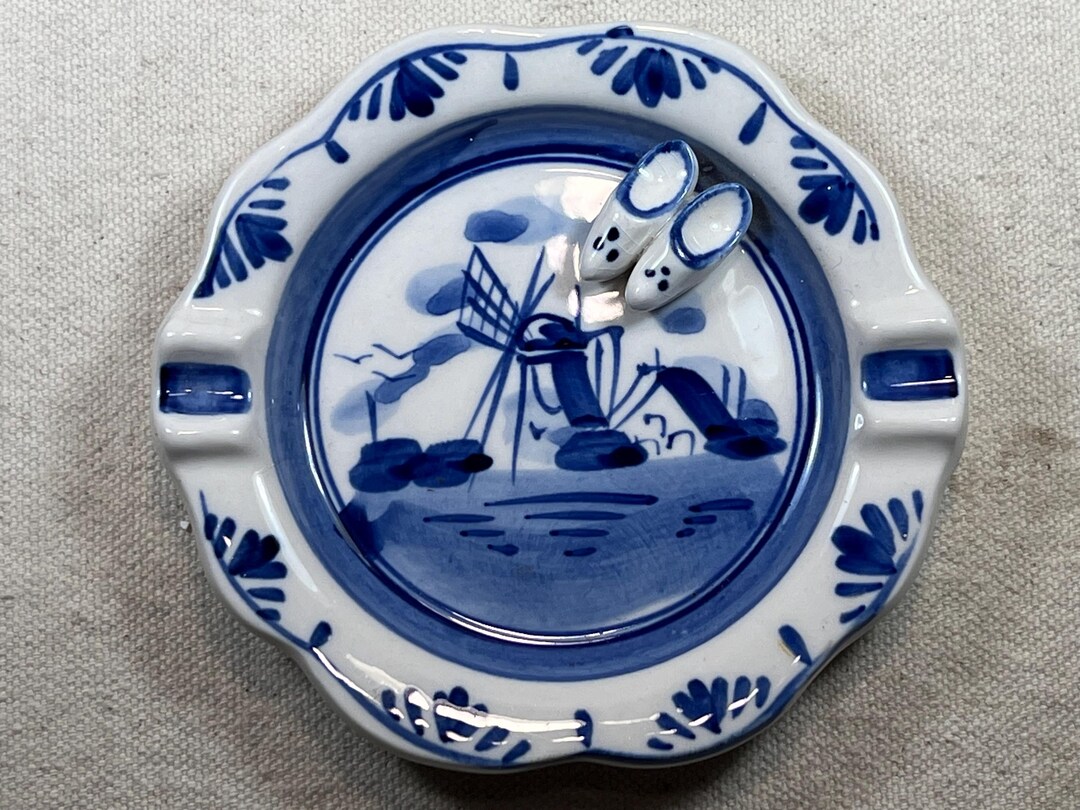 Vintage Handpainted Delft Blue Ashtray Trinket Dish Tea Bag Holder With ...