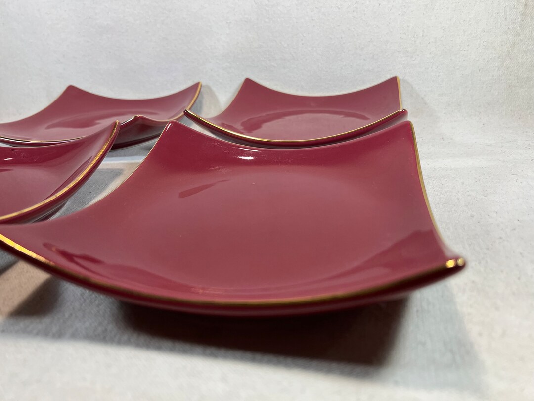 Vintage Set of 4 Casati Fine Porcelian Square Burgundy 7” Salad Dessert ...