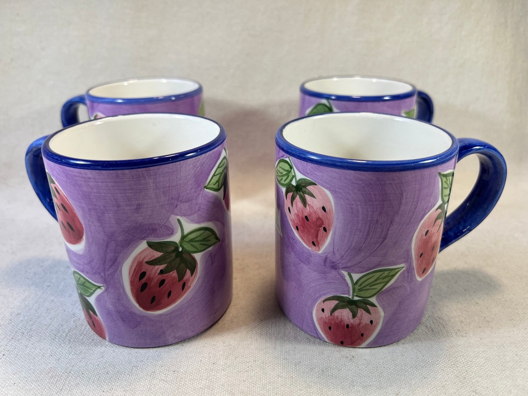 Set of 4 Vintage Hand-painted World Market Mugs Red Strawberries on ...