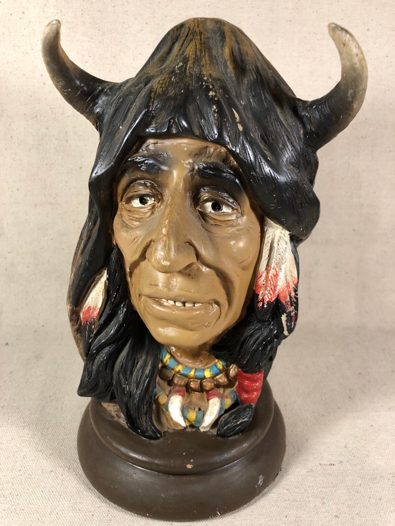 Vintage Native American Chief Bust W Buffalo Horns | Hand-painted ...
