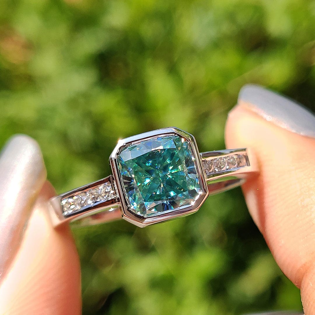 1.50 CT Cushion Cut Cyan Blue Moissanite Ring, Bezel Set, Channel Pave ...