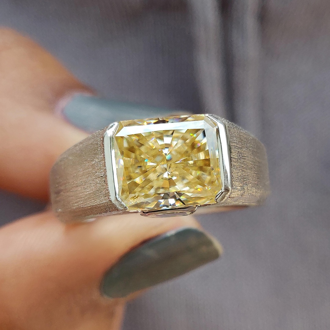 Mens Moissanite Wedding Ring: Radiant Cut Light Yellow Stone, Satin ...