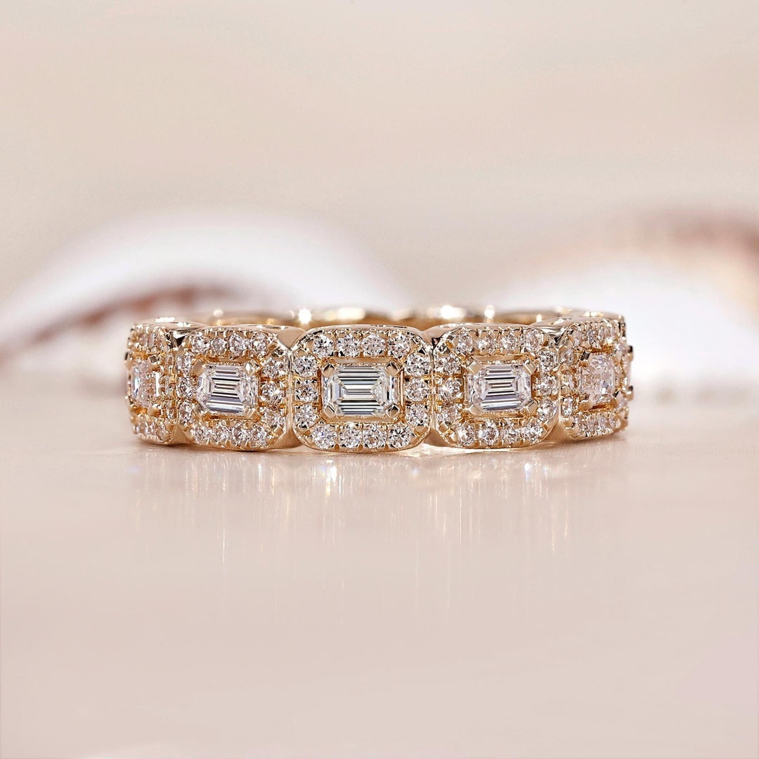 Emerald Cut Eternity Ring, Vintage Halo Diamond Band, Solid Yellow Gold ...