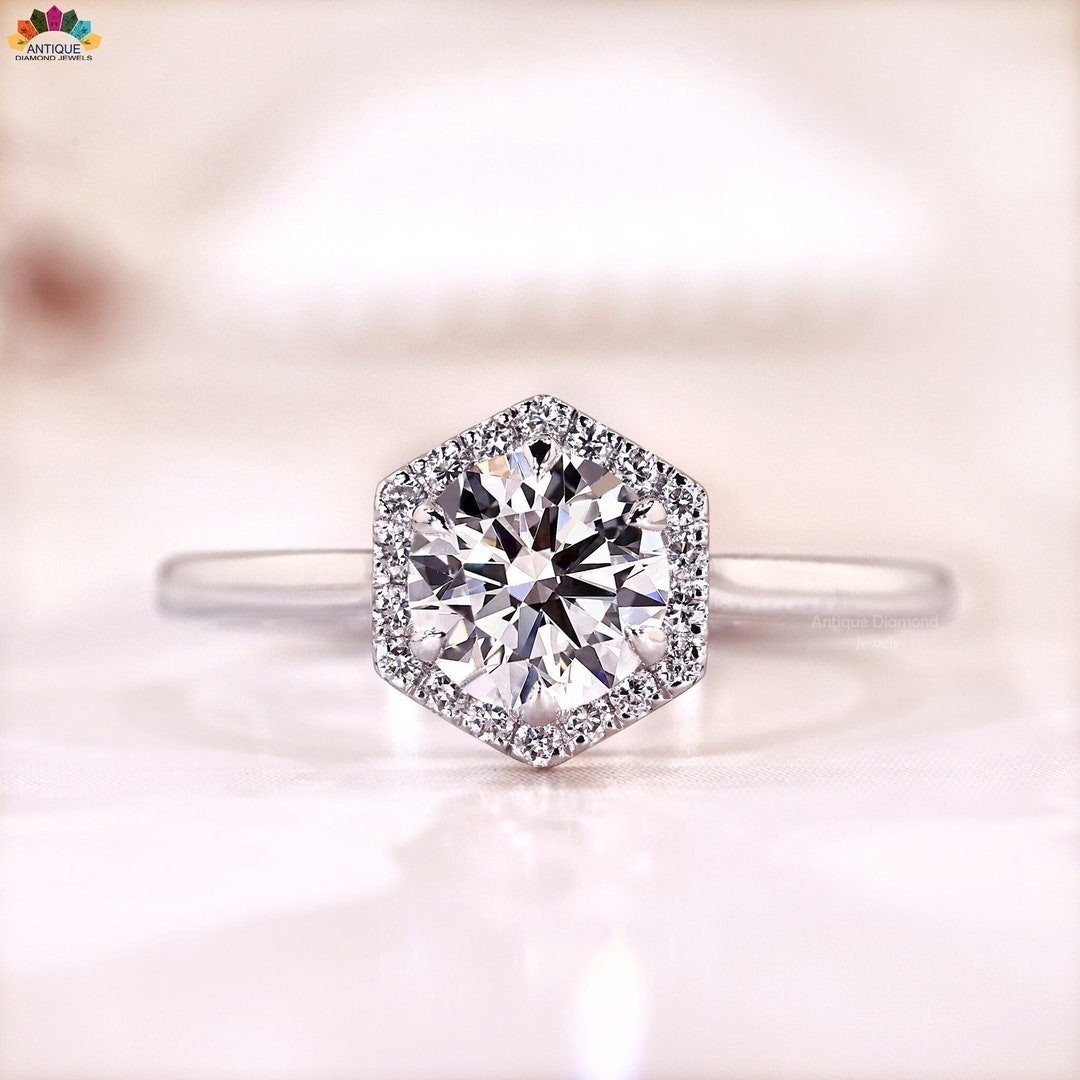 Hexagonal Halo Diamond Ring IGI Certified Lab Grown Diamond Anniversary ...