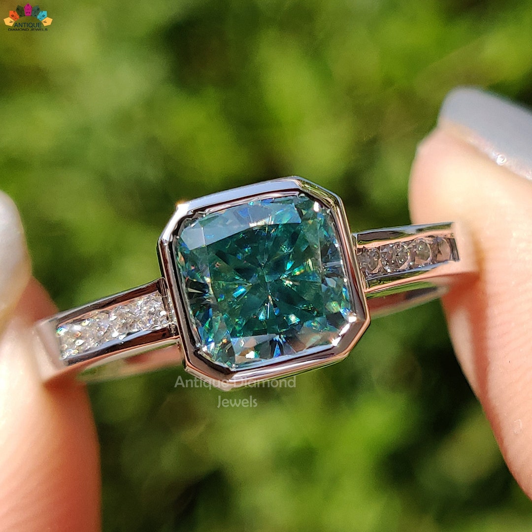 1.50 CT Cushion Cut Cyan Blue Moissanite Ring, Bezel Set, Channel Pave ...