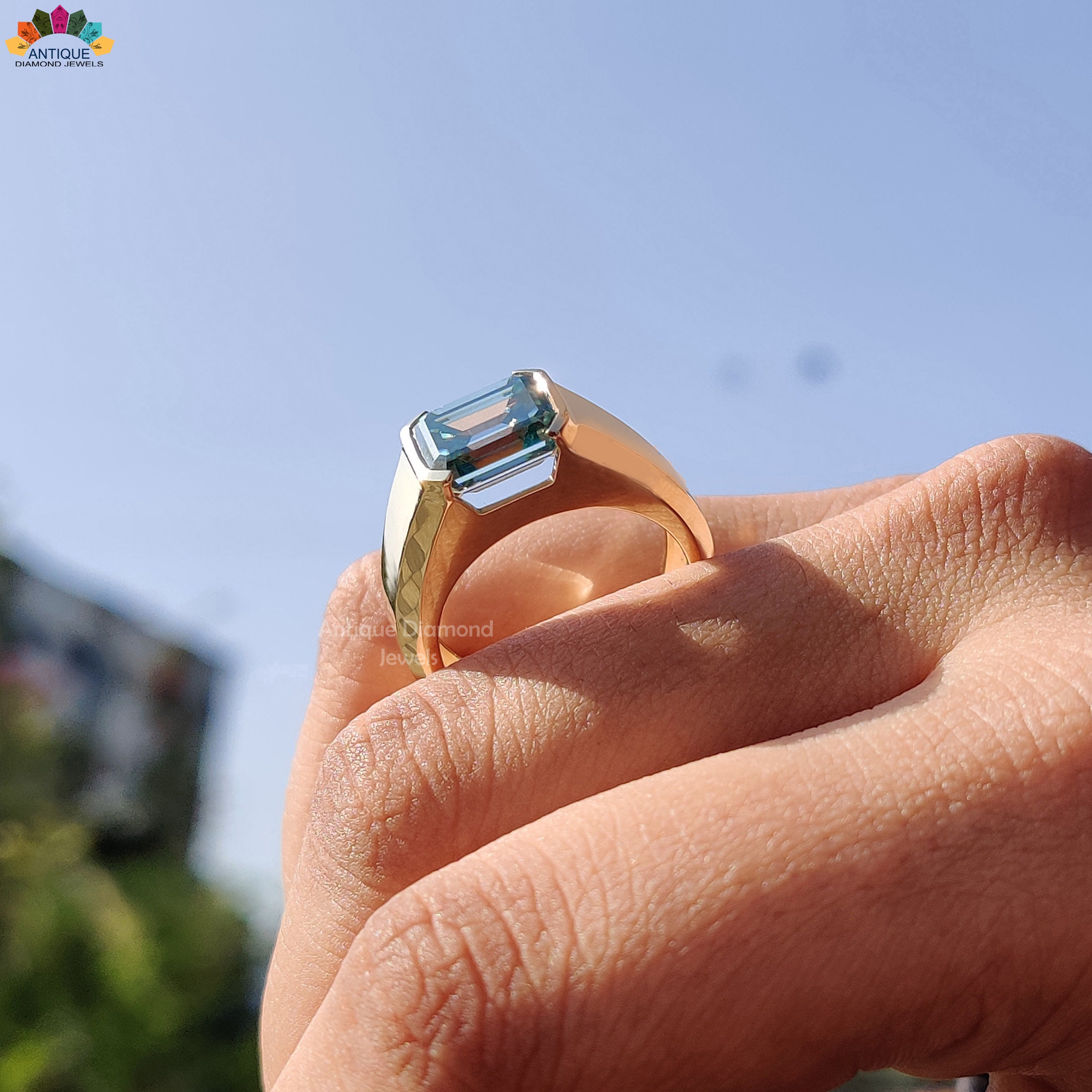 4.11 CT Emerald Cyan Blue Moissanite Ring Men's Statement | Etsy