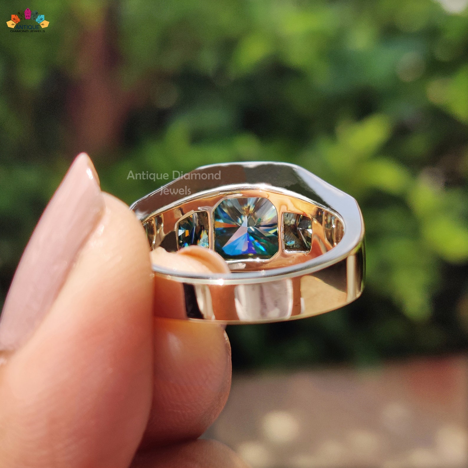 Aqua Blue Green Radiant Moissanite Ring for Him Men's - Etsy