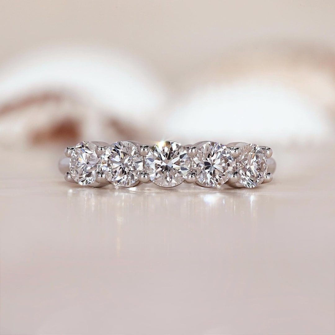Five Stone Diamond Band, Round Brilliant Cut Lab Grown Diamond Wedding ...