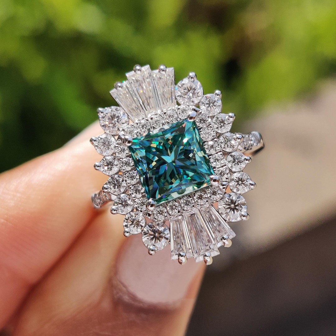 Vintage Halo Engagement Ring, Cyan Blue Princess Cut Moissanite Ring ...
