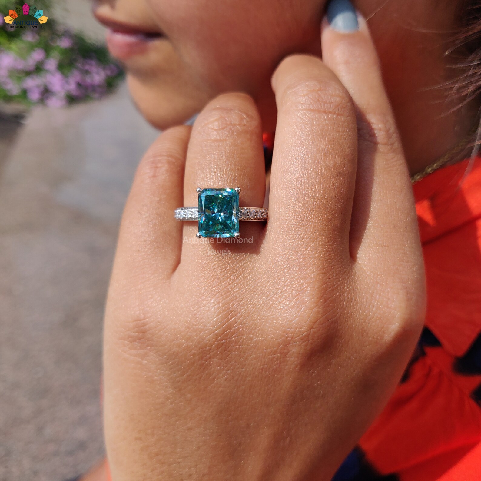 3.95 TW Radiant Cyan Blue Moissanite Ring Pave Setting Ring - Etsy