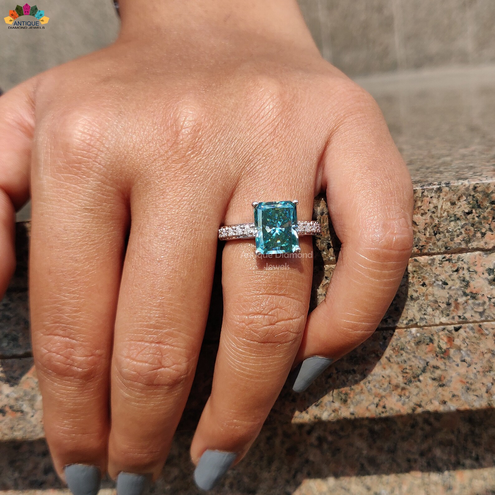 3.95 TW Radiant Cyan Blue Moissanite Ring Pave Setting Ring | Etsy