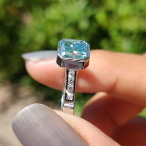 1.50 CT Cushion Cut Cyan Blue Moissanite Ring, Bezel Set, Channel Pave ...
