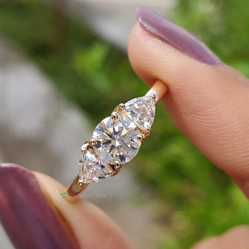 Round & Trillion Moissanite Ring: Three Stone Gold Engagement Ring - Etsy