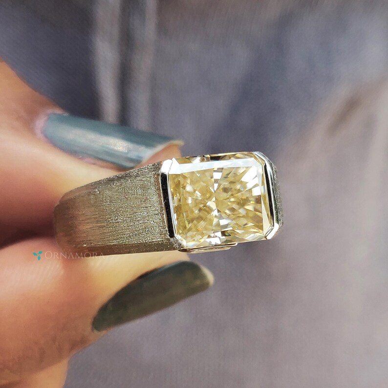 Mens Moissanite Wedding Ring: Radiant Cut Light Yellow Stone, Satin ...