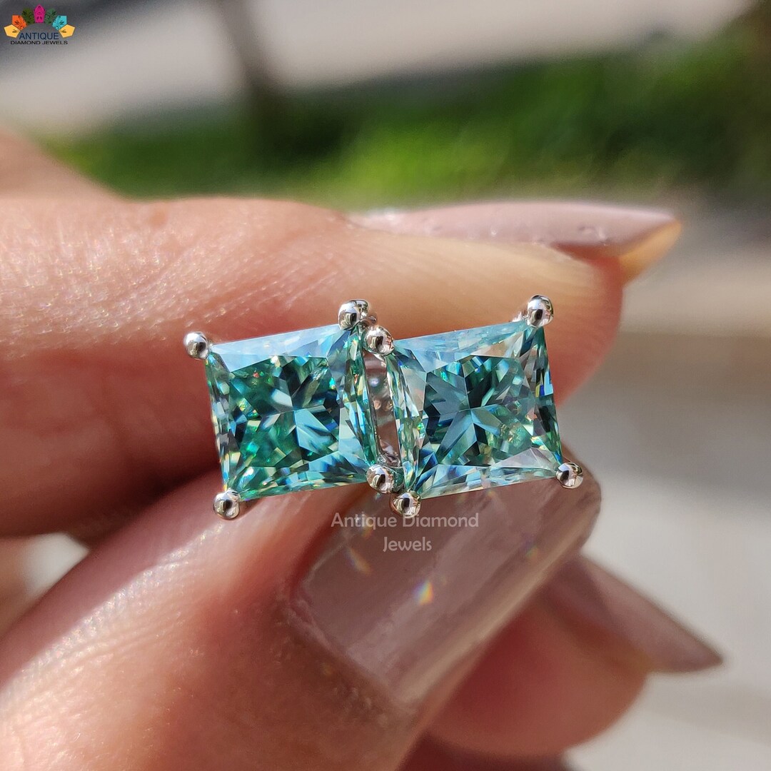 2.50 TCW Princess Cyan Blue Moissanite Stud Earrings: Screw Back Bridal ...