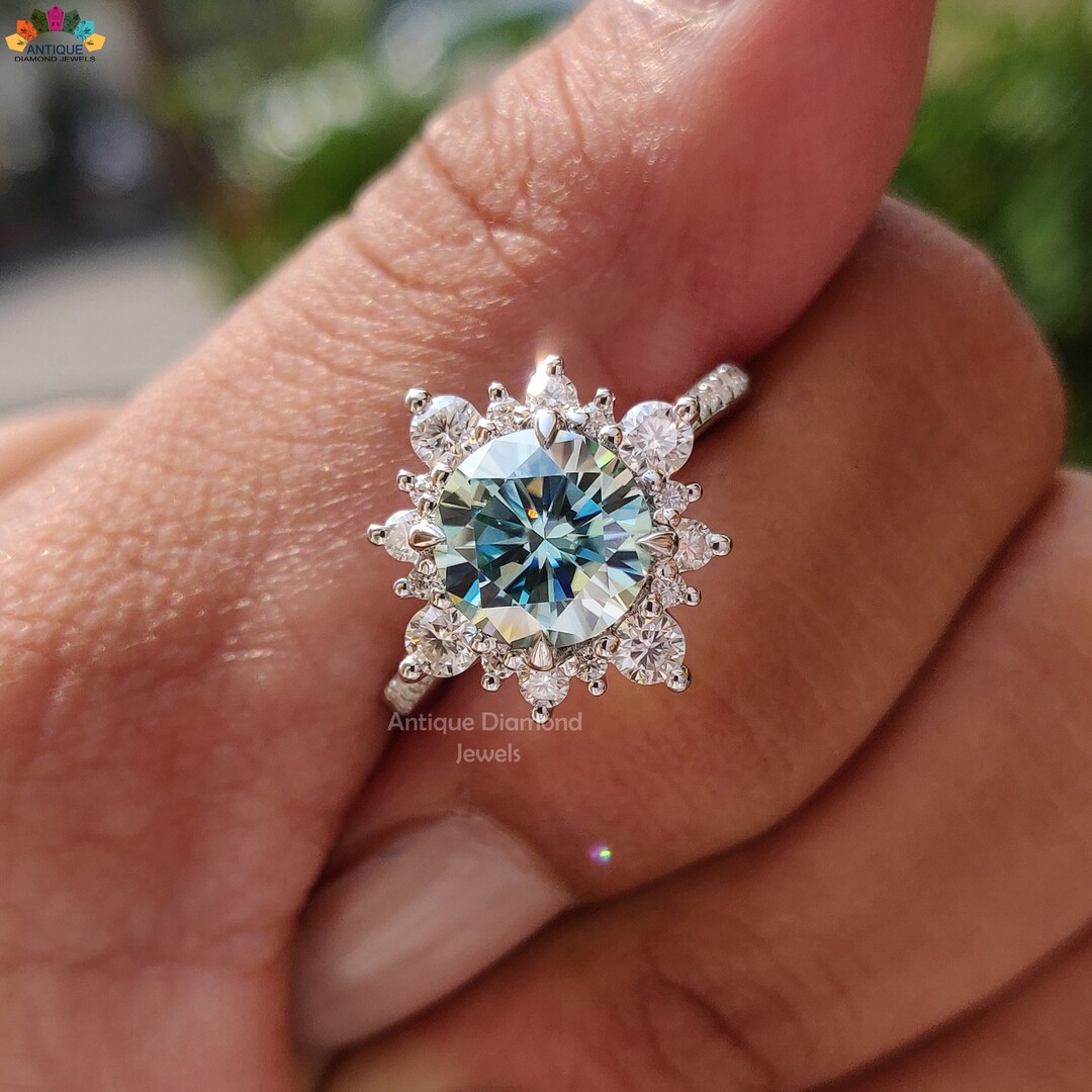 1.80 CT Round Cyan Blue Moissanite Engagement Ring, Cluster Halo ...