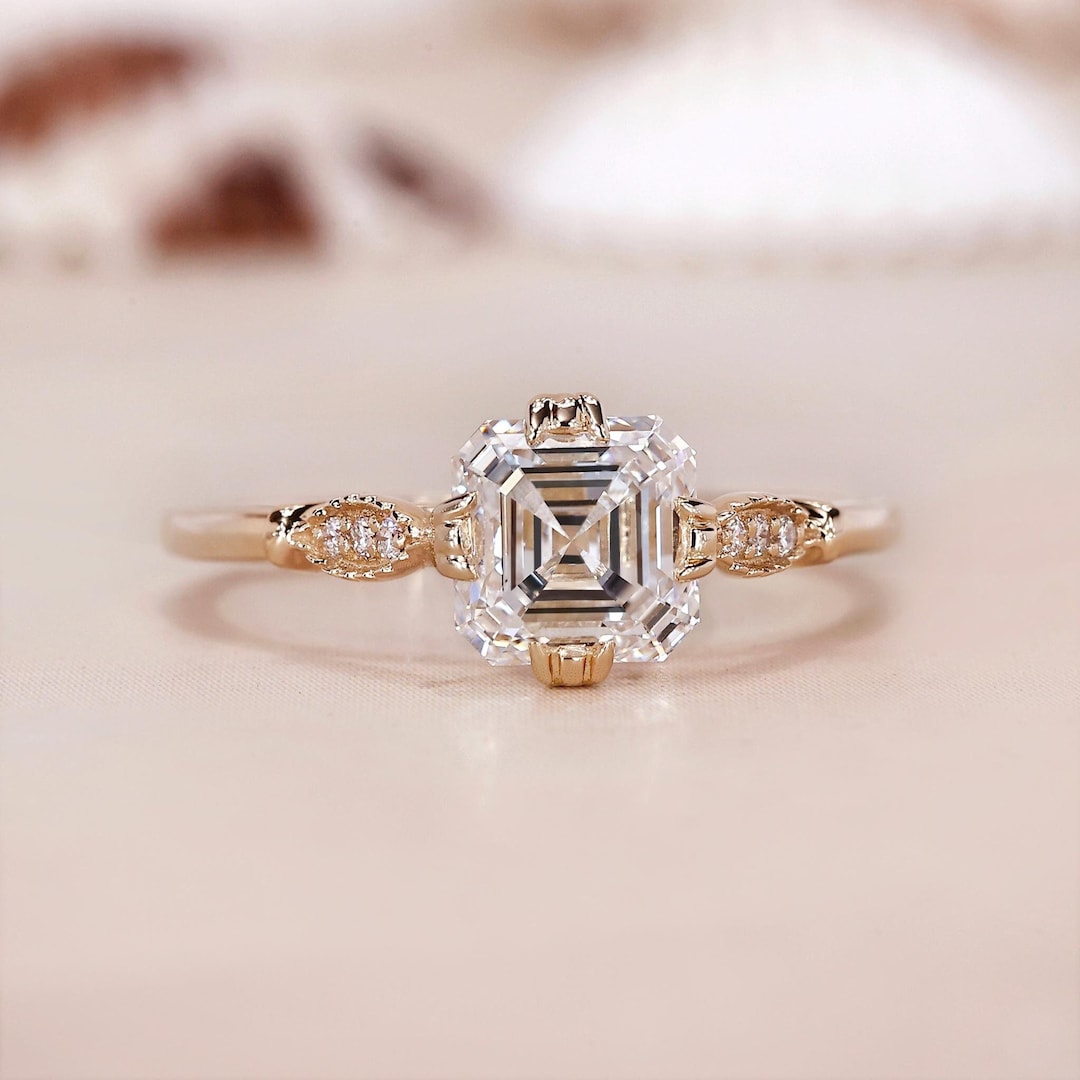 Fishtail Setting Asscher Cut Lab Grown Diamond Engagement Ring, 14kt ...