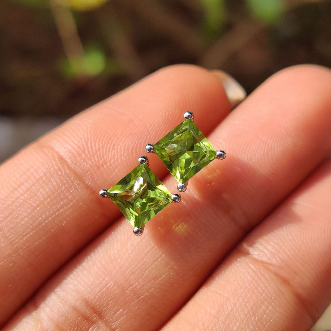 Princess Cut Peridot Stud Earrings: 14KT White Gold, August Birthstone ...