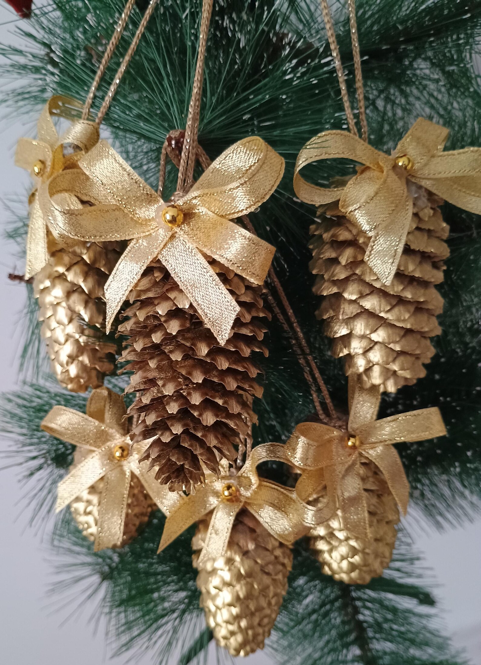 Pine Cones Decor Christmas Tree Ornaments in Gold Set of 6 Real ...