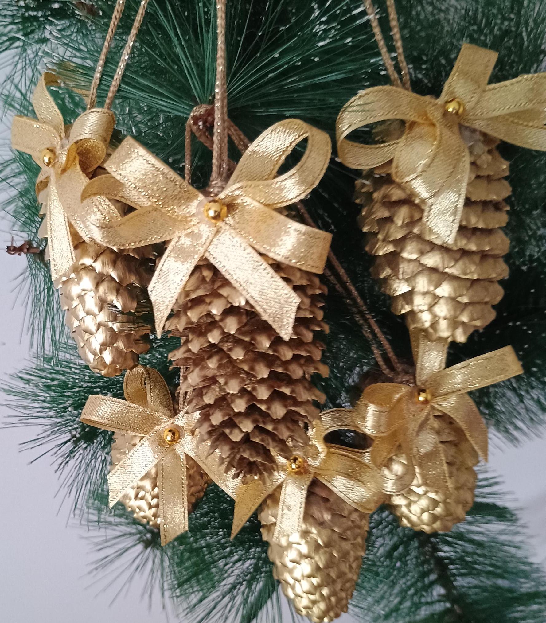Pine Cones Decor Christmas Tree Ornaments in Gold Set of 6 Real ...