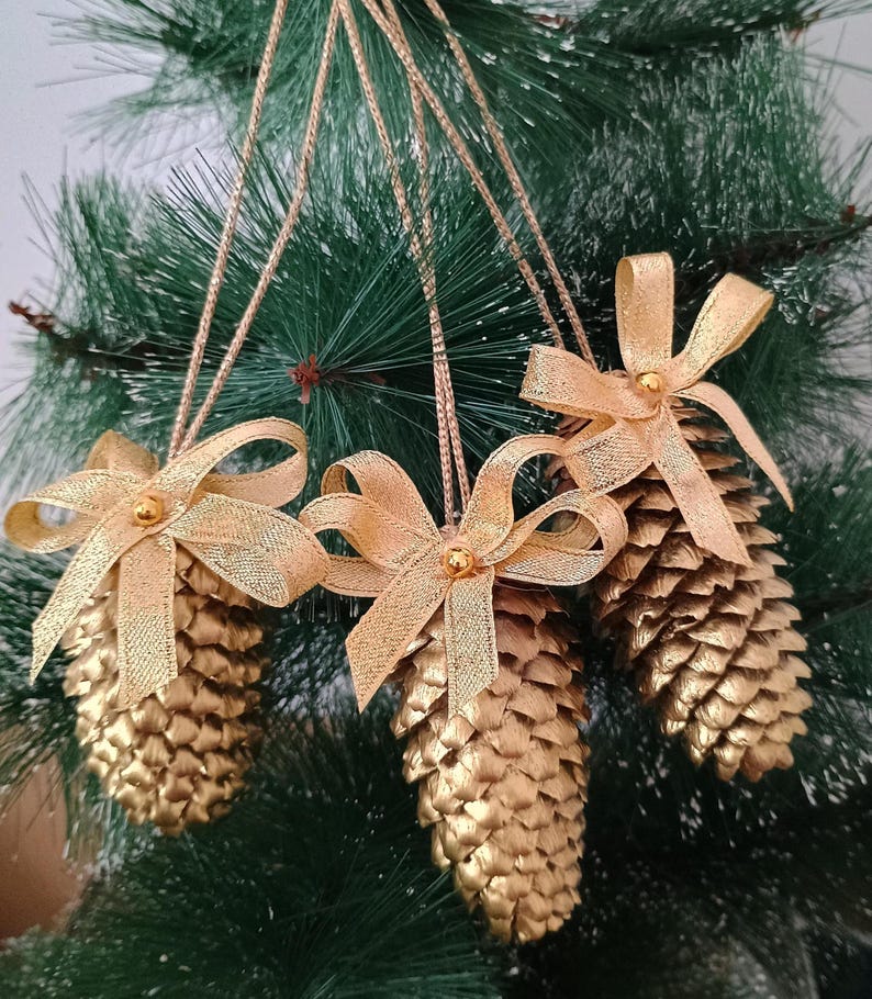 Pine Cones Decor Christmas Tree Ornaments in Gold Set of 6 Real ...